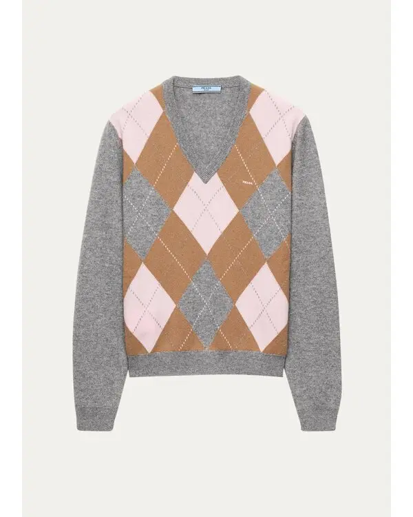 Prada Argyle Cashmere V-neck Sweater