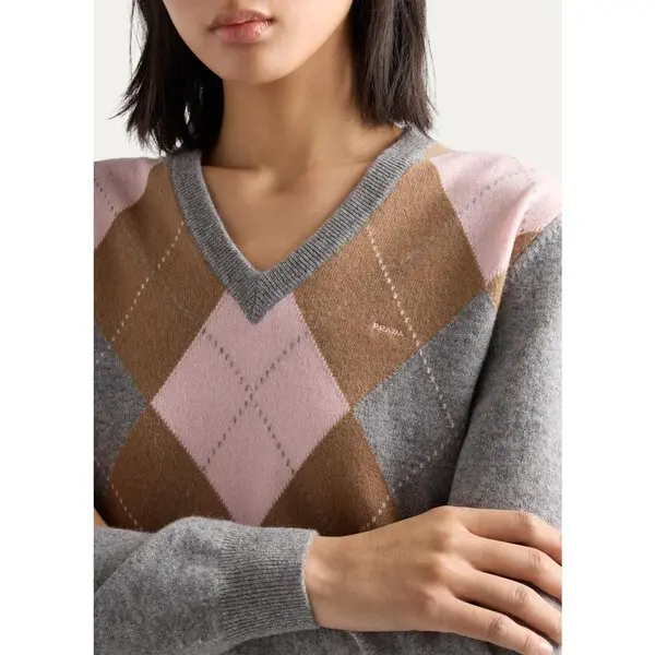 Prada Argyle Cashmere V-neck Sweater
