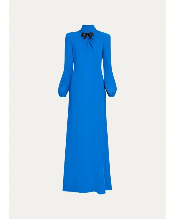Valentino Garavani Bow Embroidered Turtleneck Long-sleeve Silk Gown - Blue