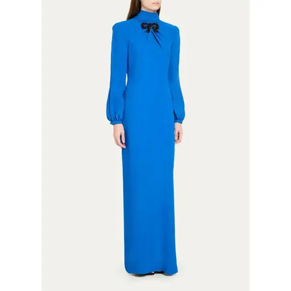 Valentino Garavani Bow Embroidered Turtleneck Long-sleeve Silk Gown