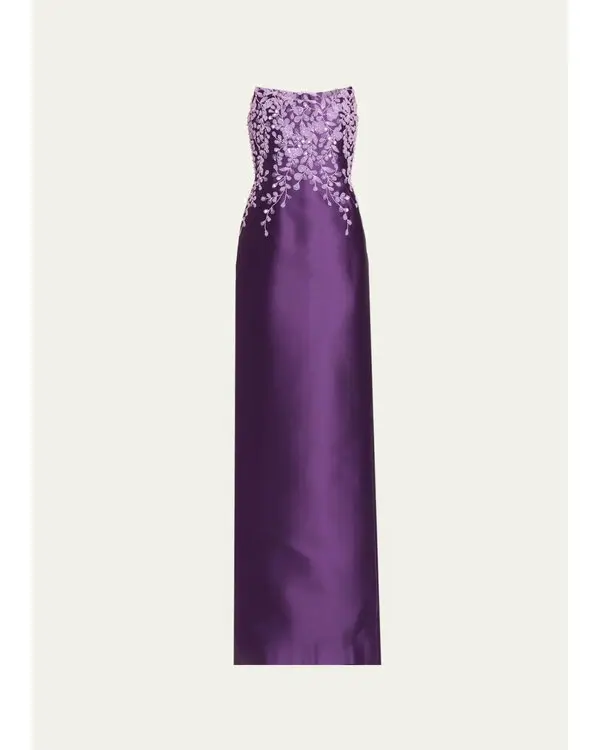 Pamella Roland Beaded Strapless Silk Column Gown - Violet Multi
