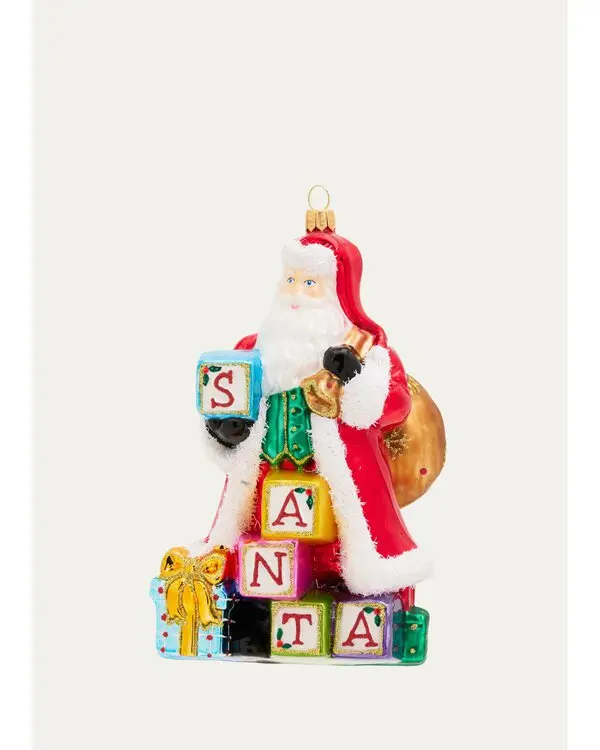 JOHN HURAS Santa With Blocks Glass Ornat