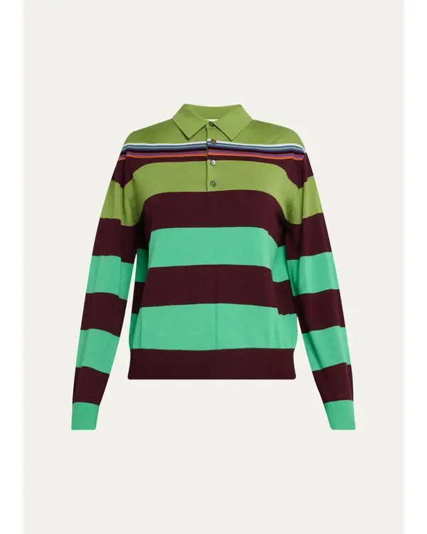 Christopher John Rogers Big Striped Wool-silk Long-sleee Polo Sweater