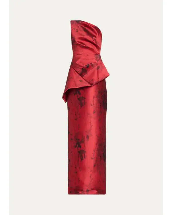 Rickie Freeman For Teri Jon Satin Floral One-shoulder Gown - Red