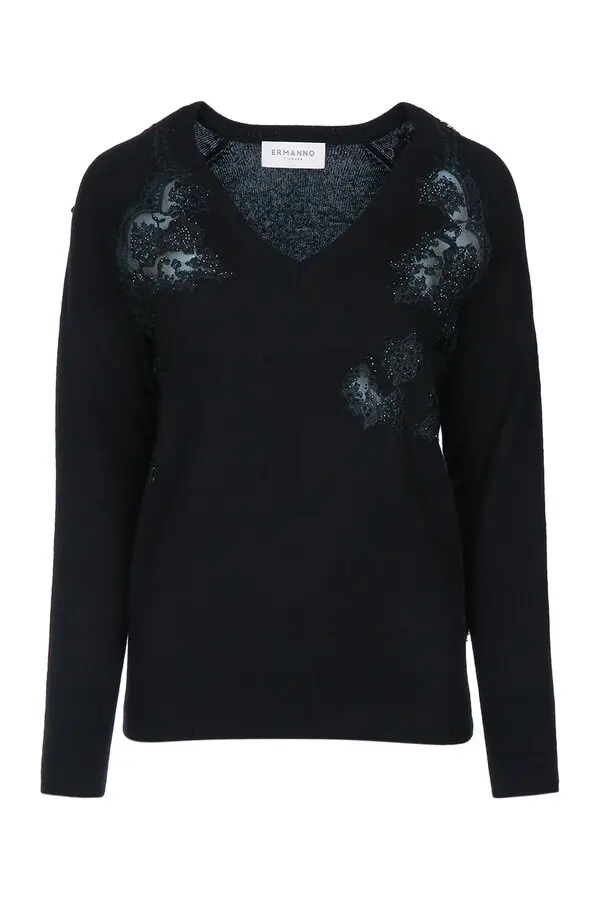 ERMANNO FIRENZE Pizzo Knit V-neck Sweater - Nero