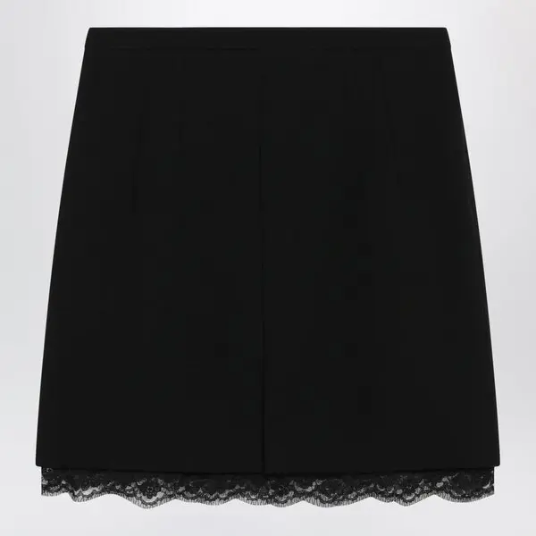DOLCE E GABBANA Double Wool Crepe Mini Skirt With Lace Trim And Front Slit