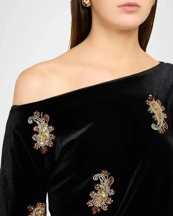 Elie Tahari Beaded Paisley Off-shoulder Velvet Top