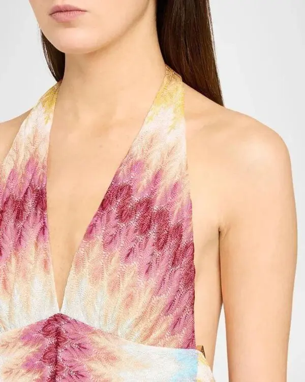 Missoni Metallic Zigzag Plunging Halter Maxi Dress