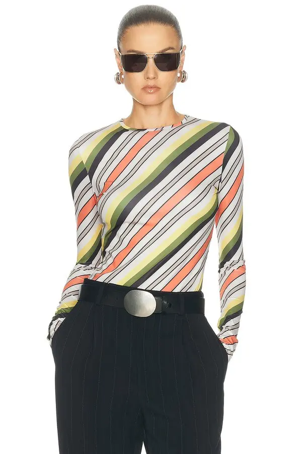 JEAN PAUL GAULTIER Jersey Lycra Printed Retro Stripe Long Sleeve Top In Red