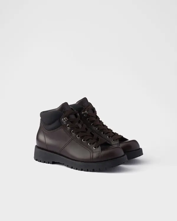 Prada Lace-up Leather And Re-nylon Booties