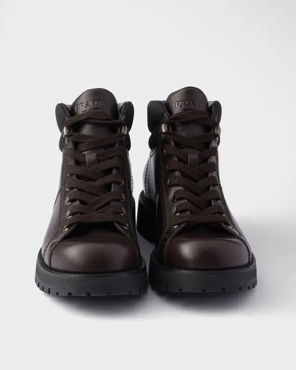 Prada Lace-up Leather And Re-nylon Booties