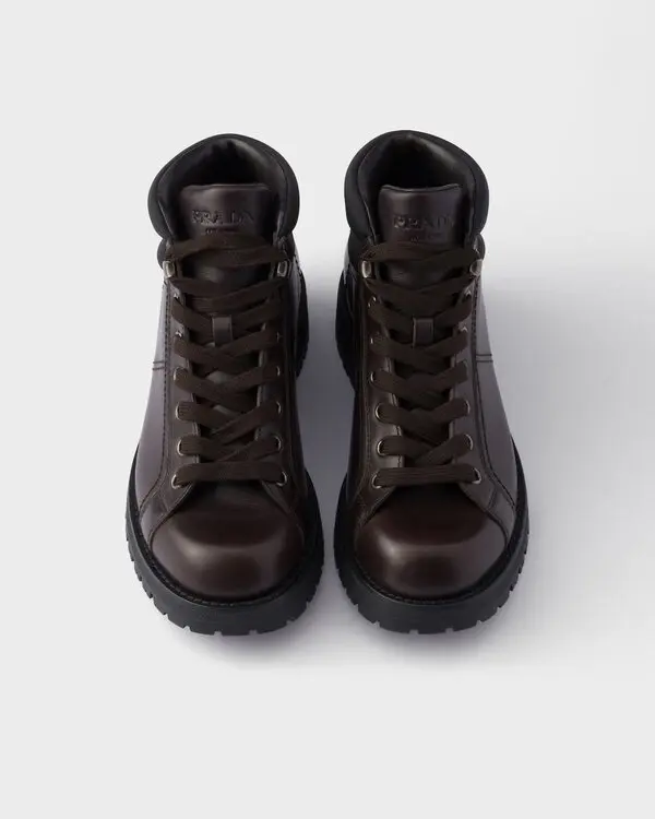 Prada Lace-up Leather And Re-nylon Booties