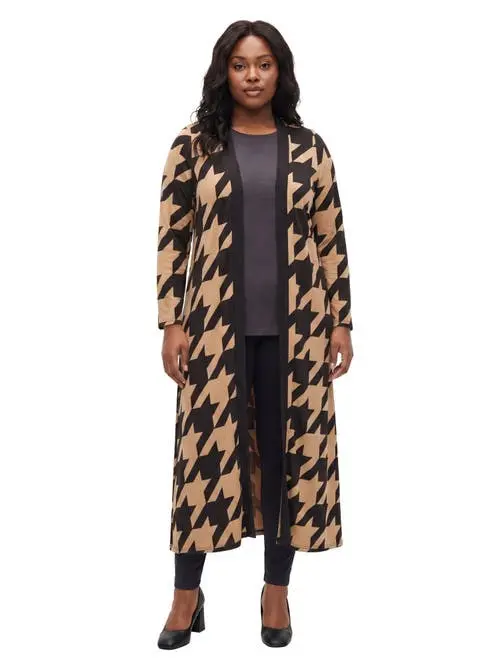 24SEVEN COMFORT APPAREL Essential Curvy Open Front Soft Stretch Long Cardigan - Brown Multi