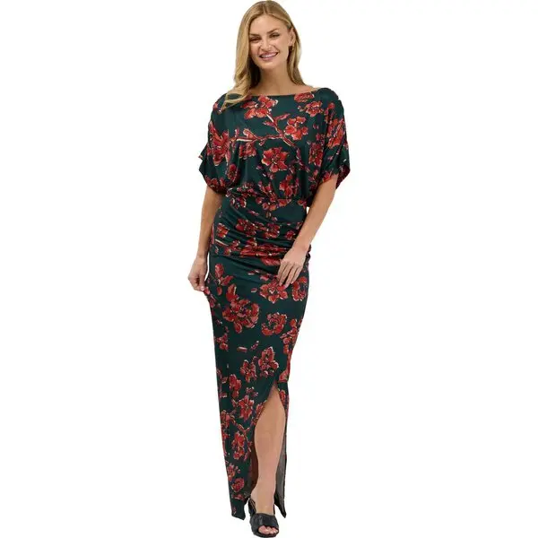 24SEVEN COMFORT APPAREL Elevate Short Batwing Sleeve Boat Neck Ruched Waist Long Maxi Dress - Green Multi
