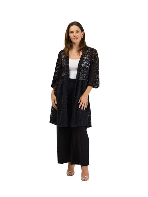 24SEVEN COMFORT APPAREL Elevate Lace Open Front Three-quarter Sleeves Jacket - Black