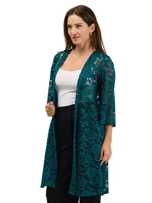 24SEVEN COMFORT APPAREL Elevate Lace Open Front Three-quarter Sleeves Jacket - Emerald