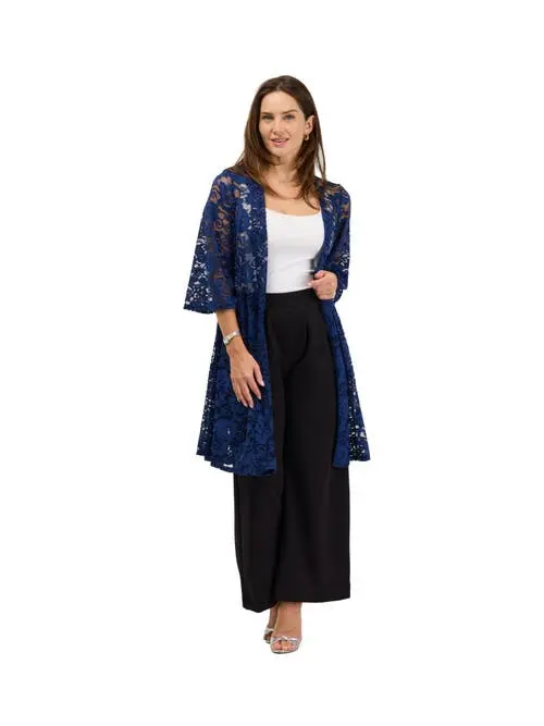 24SEVEN COMFORT APPAREL Elevate Lace Open Front Three-quarter Sleeves Jacket - Navy