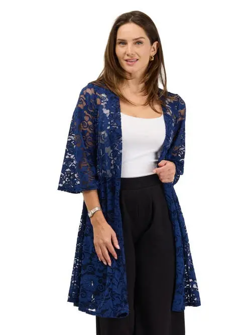 24SEVEN COMFORT APPAREL Elevate Lace Open Front Three-quarter Sleeves Jacket - Navy