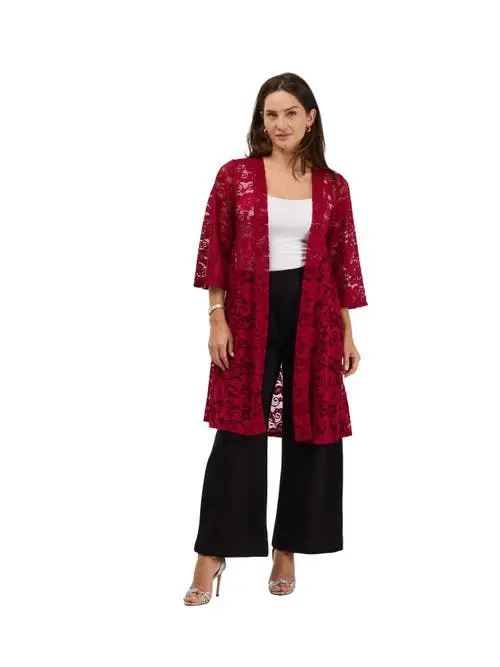 24SEVEN COMFORT APPAREL Elevate Lace Open Front Three-quarter Sleeves Jacket - Wine