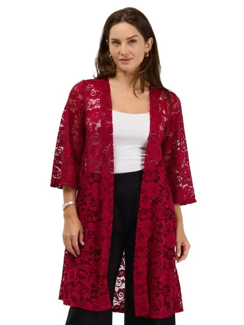 24SEVEN COMFORT APPAREL Elevate Lace Open Front Three-quarter Sleeves Jacket - Wine