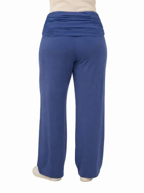 24SEVEN COMFORT APPAREL Basic Curvy Soft Stretch Ruched Waist Wide Leg Pants - Denim