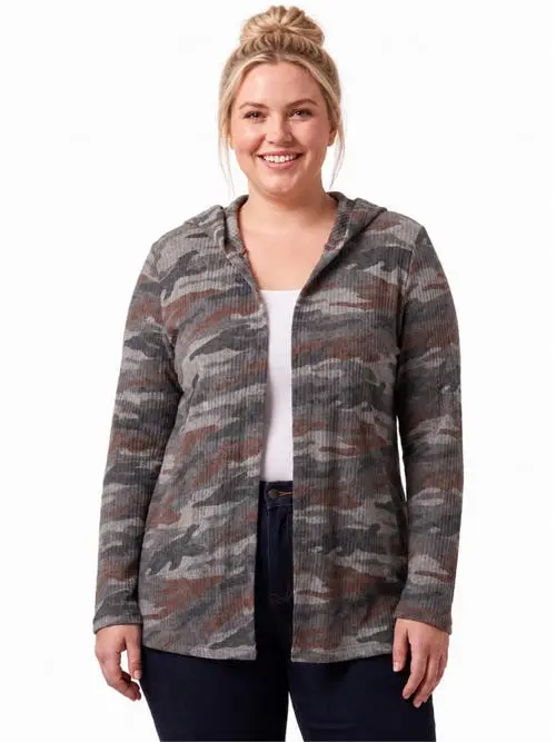 24SEVEN COMFORT APPAREL Essential Curvy Hooded Open Front Cardigan Jacket - Grey Multi