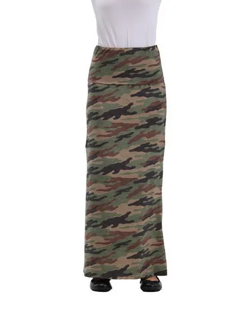 24SEVEN COMFORT APPAREL Essential Soft Stretch Elastic Waist Maxi Skirt - Green Multi