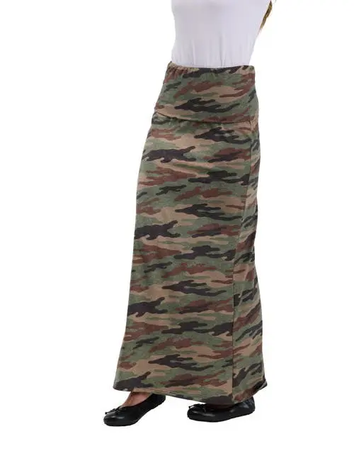 24SEVEN COMFORT APPAREL Essential Soft Stretch Elastic Waist Maxi Skirt - Green Multi