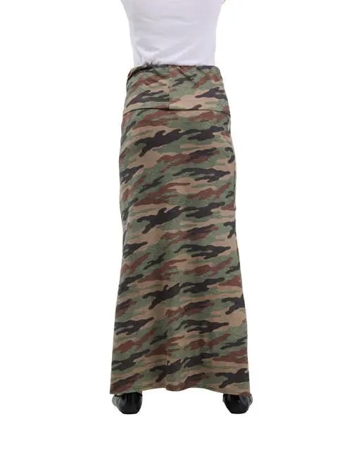 24SEVEN COMFORT APPAREL Essential Soft Stretch Elastic Waist Maxi Skirt - Green Multi