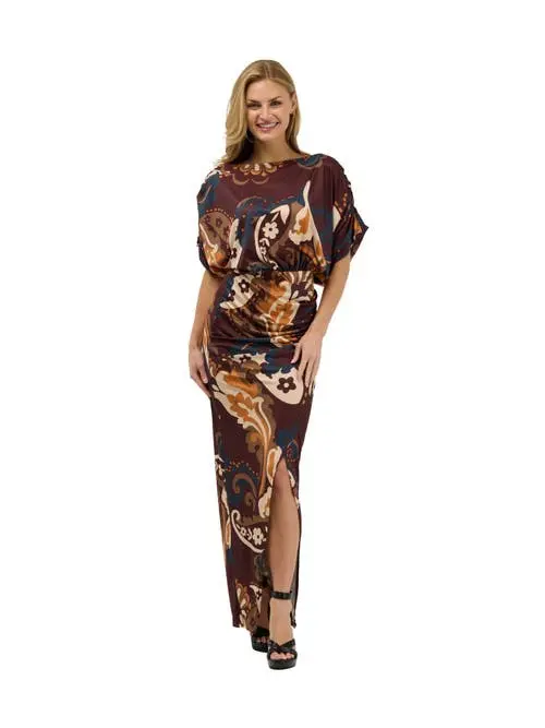 24SEVEN COMFORT APPAREL Elevate Boat Neck Sleeve Bodycon Front Slit Long Maxi Dress - Red Multi