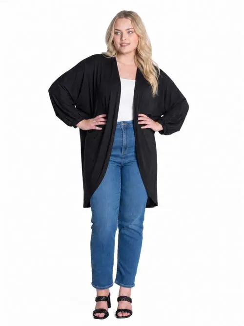 24SEVEN COMFORT APPAREL 24seven Comfort Basic Curvy Soft Stretch Open Front Cardigan Jacket - Black