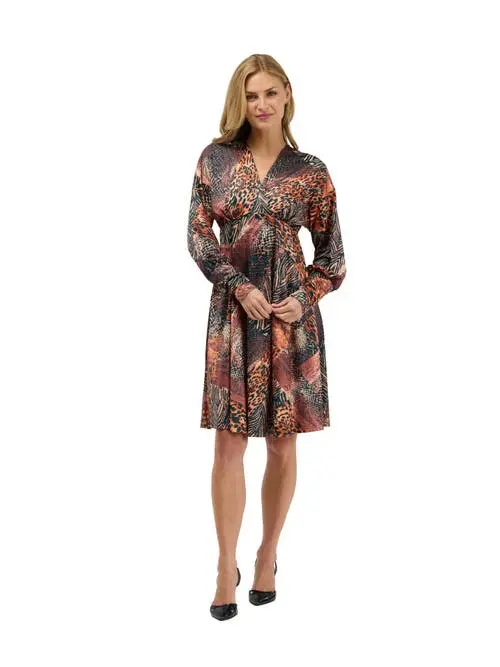 24SEVEN COMFORT APPAREL Elevate Long Sleeve V Neck Empire Waist Knee Length Flare Dress - Brown Multi