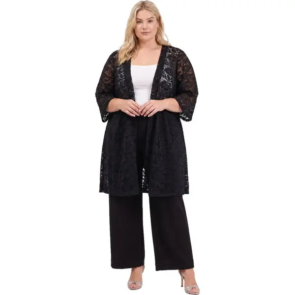 24SEVEN COMFORT APPAREL 24seven Comfort Elevate Curvy Lace Open Front Three-quarter Sleeves Jacket - Black