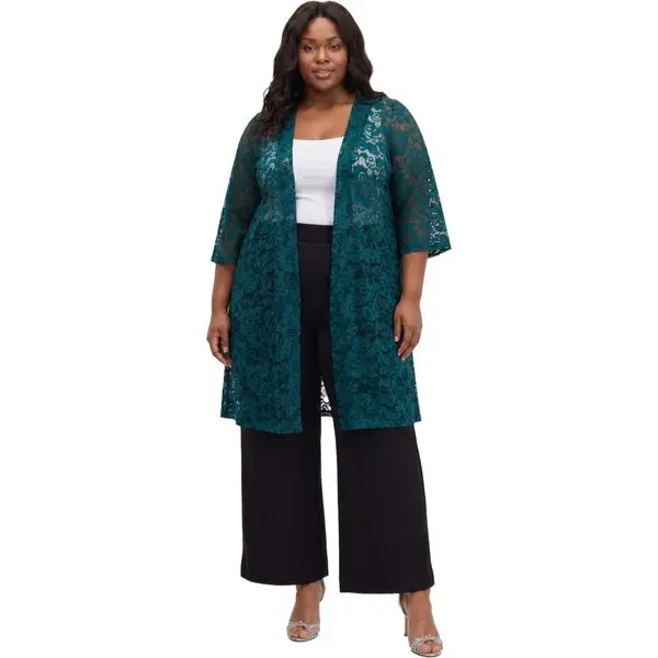 24SEVEN COMFORT APPAREL 24seven Comfort Elevate Curvy Lace Open Front Three-quarter Sleeves Jacket - Emerald