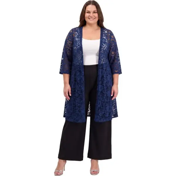 24SEVEN COMFORT APPAREL 24seven Comfort Elevate Curvy Lace Open Front Three-quarter Sleeves Jacket - Navy