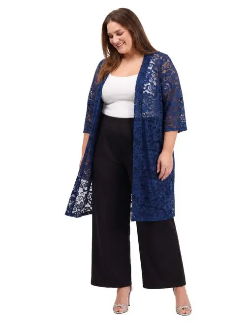 24SEVEN COMFORT APPAREL 24seven Comfort Elevate Curvy Lace Open Front Three-quarter Sleeves Jacket - Navy