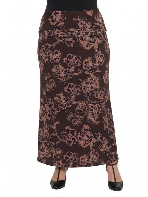 24SEVEN COMFORT APPAREL Essential Curvy Elastic Waistband Maxi Skirt - Brown Multi