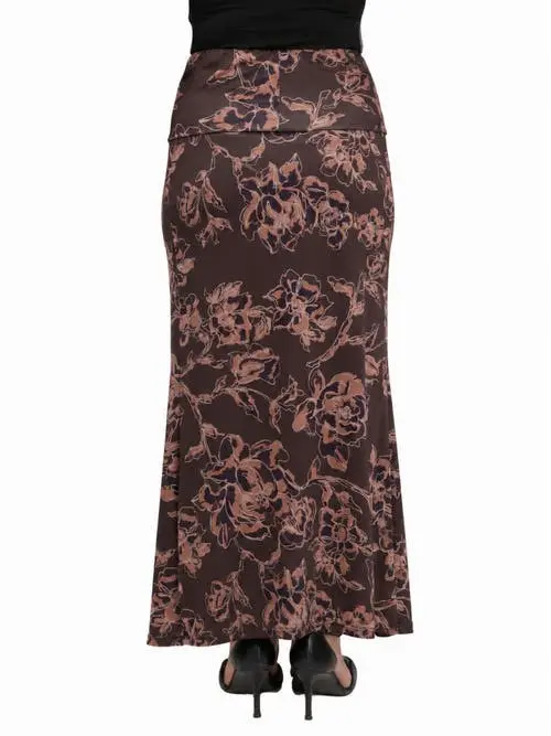 24SEVEN COMFORT APPAREL Essential Curvy Elastic Waistband Maxi Skirt - Brown Multi