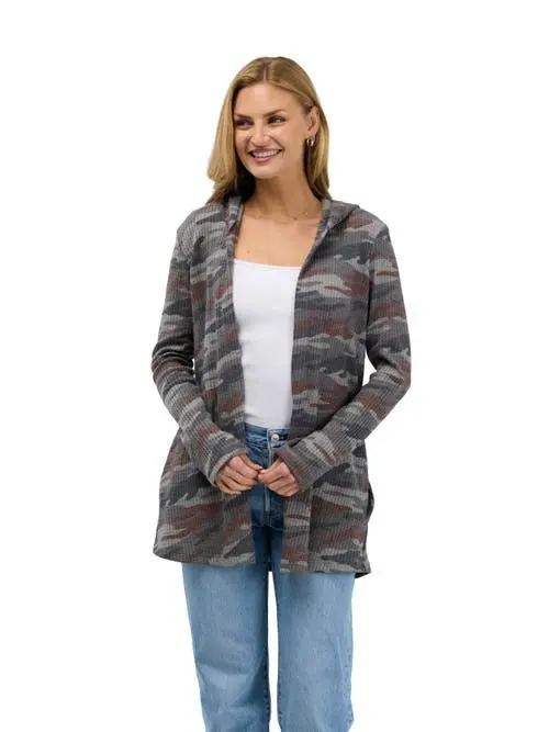 24SEVEN COMFORT APPAREL Essential Hooded Open Front Cardigan Jacket - Grey Multi