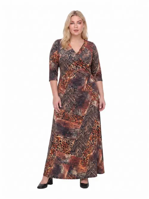 24SEVEN COMFORT APPAREL Elevate Curvy Mid Sleeve V Neck Wrap Waist Slit Long Dress - Brown Multi
