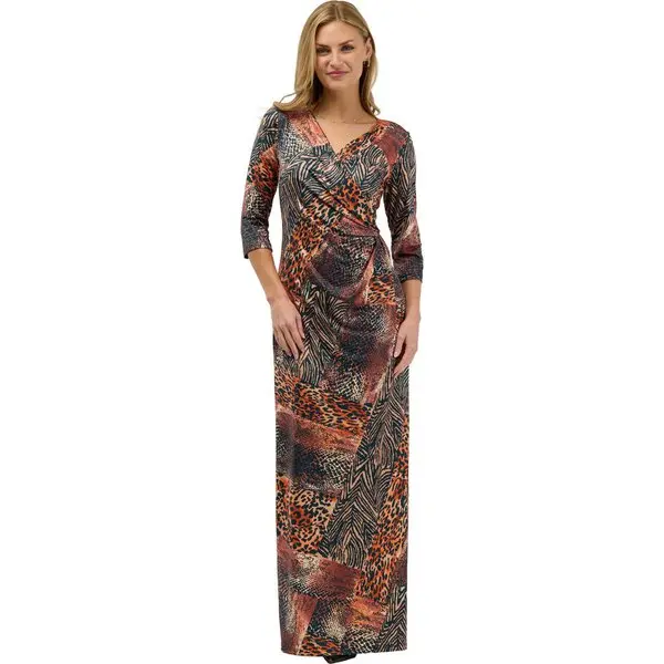 24SEVEN COMFORT APPAREL Elevate Mid Sleeve V Neck Wrap Waist Slit Long Dress - Brown Multi