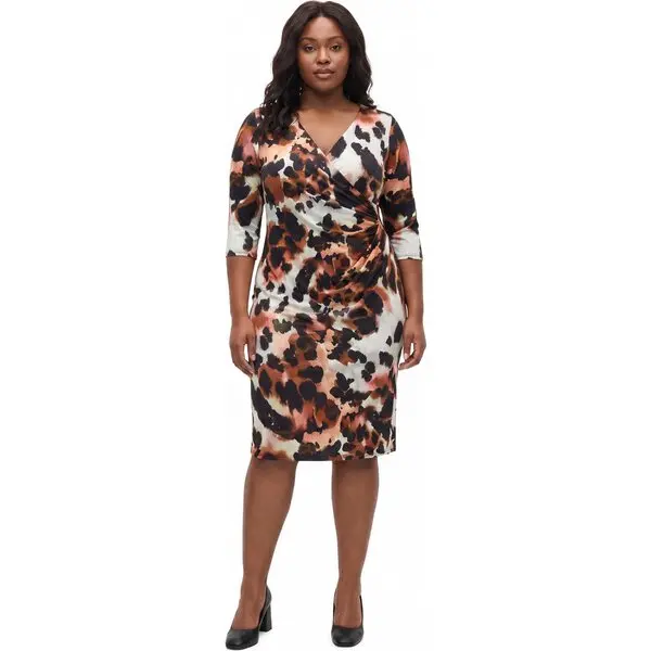 24SEVEN COMFORT APPAREL Essential Curvy Wrap Three-quarter Sleeves And Knee Length Dress - Black Multi