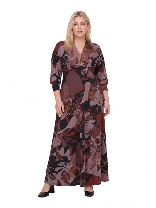 24SEVEN COMFORT APPAREL Elevate Curvy V Neck Three-quarter Sleeve Maxi Dress - Brown Multi