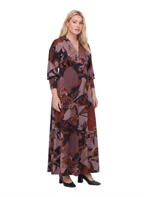 24SEVEN COMFORT APPAREL Elevate Curvy V Neck Three-quarter Sleeve Maxi Dress