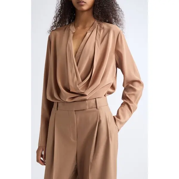REISS Lauren Drape Silk Top - Camel