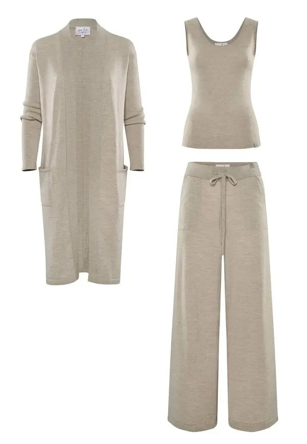YOU LOOK PERFECT Merino Loungewear Set, Cardigan Blossom & Top Blossom & Pants Frida - Brown