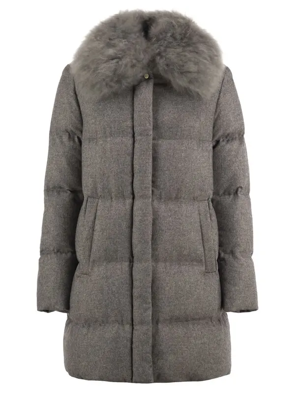 Herno Long Silk And Cashmere Down Coat With Fur Collar - Gray