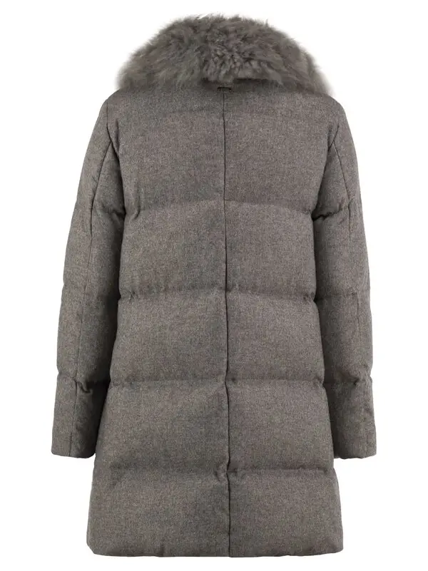 Herno Long Silk And Cashmere Down Coat With Fur Collar