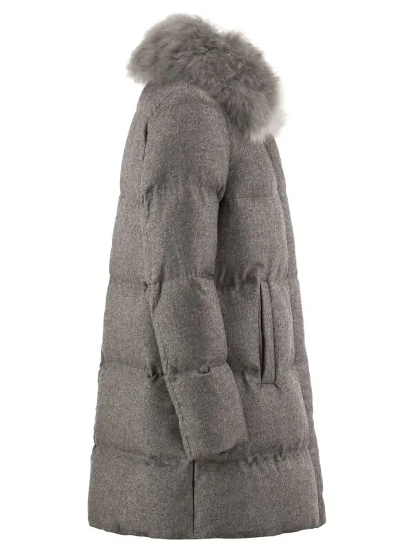 Herno Long Silk And Cashmere Down Coat With Fur Collar