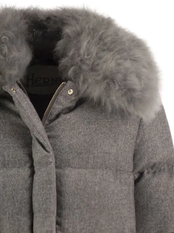 Herno Long Silk And Cashmere Down Coat With Fur Collar